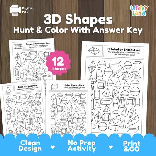 3D Shapes Hunt and Color Worksheets - Geometry Search and Find Activity