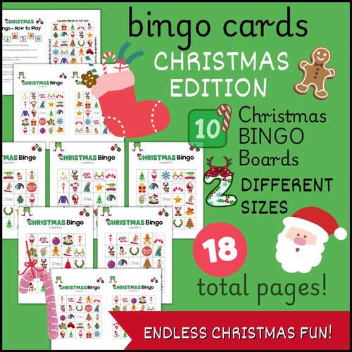 Christmas Bingo Game | 10 Bingo Cards + Calling Pieces | 2 Sizes ...