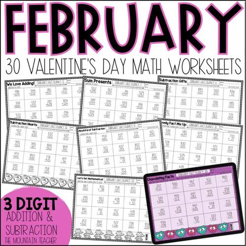 Valentine's Day 3 Digit Addition and Subtraction Worksheets | Math ...
