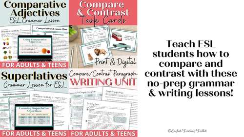 Adult ESL Compare and Contrast Grammar Worksheets & Writing Unit Bundle