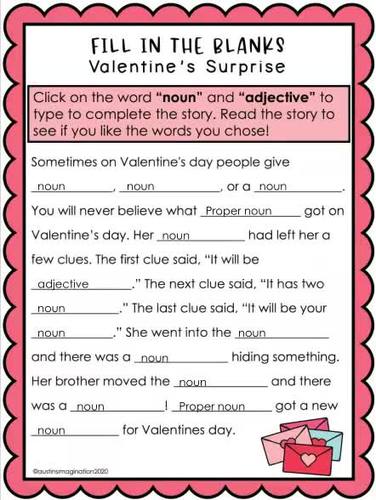 Valentines Day Mad Libs Printable Worksheets 1st 2nd 3rd Grade Writing ...