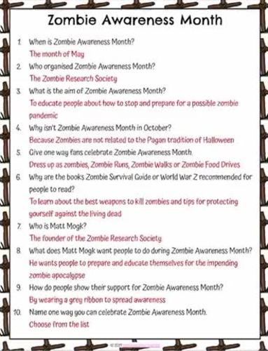 Zombie Awareness Month Guided Reading Comprehension Worksheets | TPT