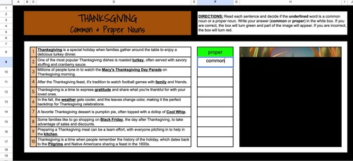 THANKSGIVING COMMON & PROPER NOUNS Google Sheets Digital Mystery Picture