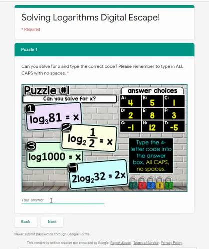 Solving Logarithmic Equations Digital Math Escape Room Activity | TPT