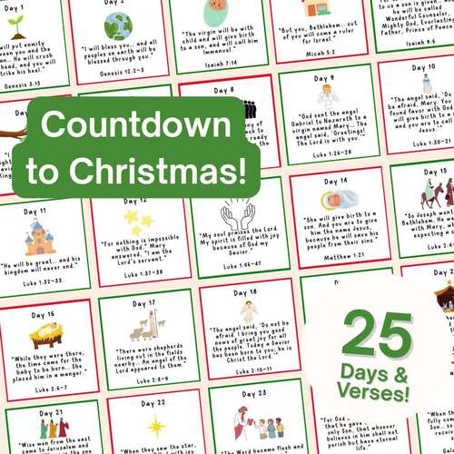 Kids Christmas Advent Cards, Countdown to Christmas Bible Verses Flashcards