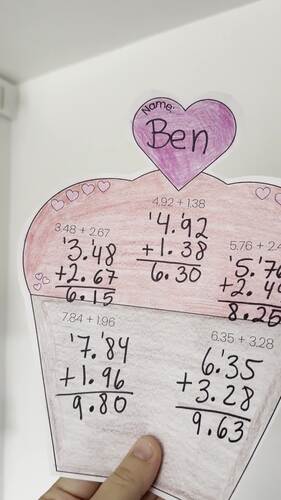 5th Grade Cupcake Valentine's Day Math Craft | Adding Decimals Hundredths