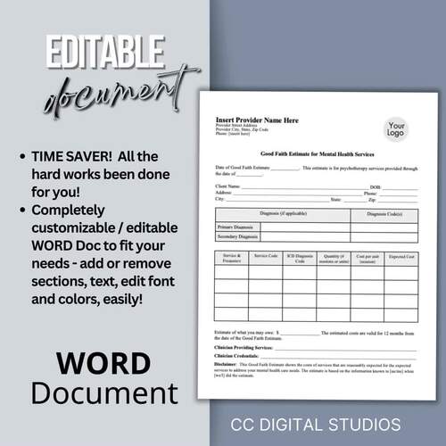 Good Faith Estimate, WORD Doc Psychology Private Practice Template