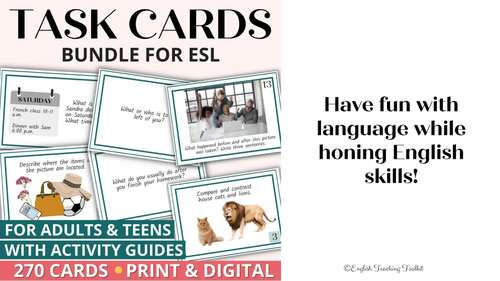 Adult ESL English Grammar Task Cards Bundle - Speaking and Writing ...