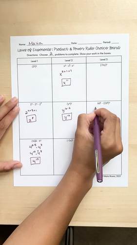 Laws of Exponents Product and Power Rule Worksheet Choice Board | TPT