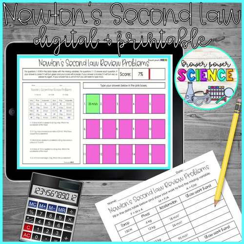 Newton's 2nd Law Worksheet Digital and Printable by Brower Power Science
