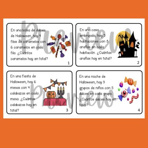 Tarjetas de Problemas de Multiplicación de Halloween -Word Problems in ...