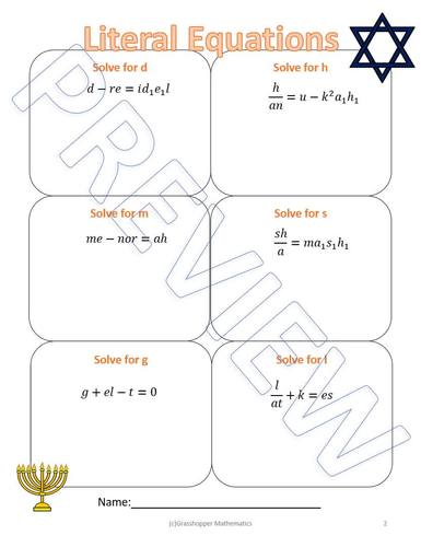 Hanukkah Literal Equations Solving Worksheet in Algebra 1 | TPT