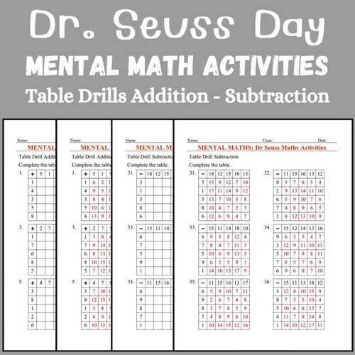 Dr. Seuss Day Funny Mental Math Activities Table Drills Addition ...