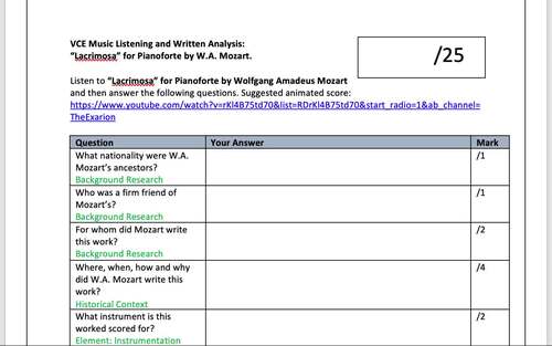 VCE Music Written and Listening Analysis BUNDLE 10 CLASSICAL WORKS