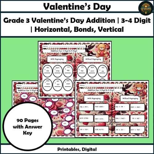 Grade 3 Valentines Day Addition Math 3 4 Digit Regroup No Regroup ...