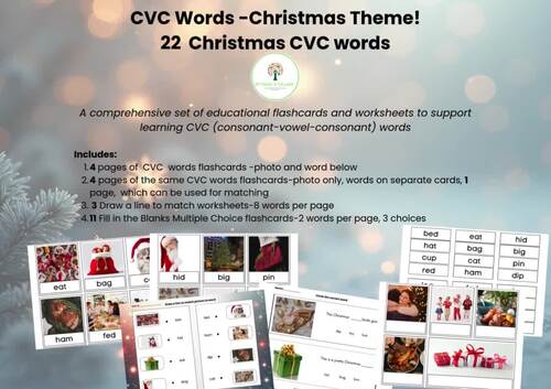 Christmas words -CVC words with photos Flashcards and Worksheets
