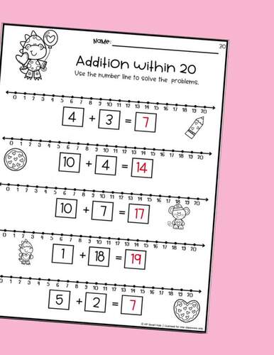 Valentine’s Day Number Line Addition Within 20 Worksheets No Prep Math ...