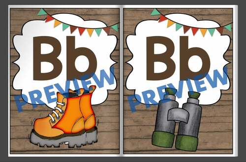 Camping Theme Classroom Alphabet Posters with Pictures & Word Wall Letters