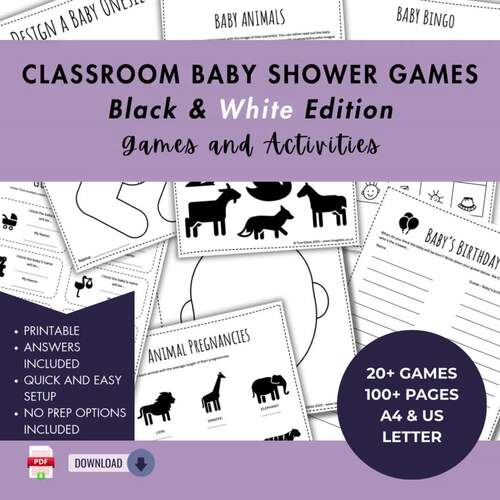 Printable Baby Shower, Teacher Maternity/Parental leave Games - Black ...