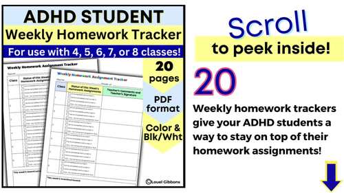 ADHD Weekly Homework Tracker Forms Sheets Templates Planner Printable PDF