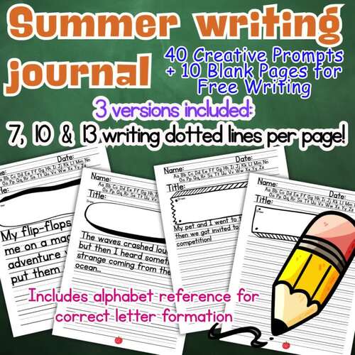 Summer Writing / 40 Creative Prompts + 10 Blank Pag / 3 writing levels ...