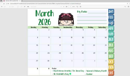 Editable Monthly Calendars 2026–2027 | Printable & Digital School Year ...