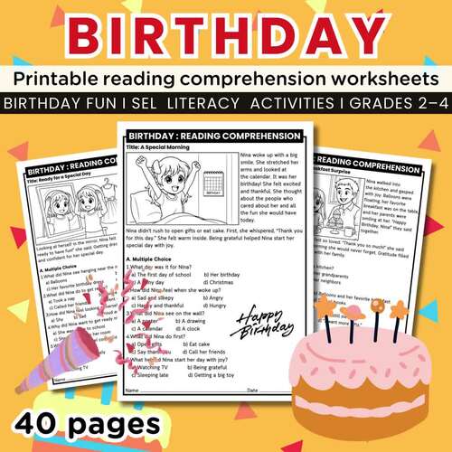 Birthday Reading Comprehension Worksheets, Passages with Questions ...