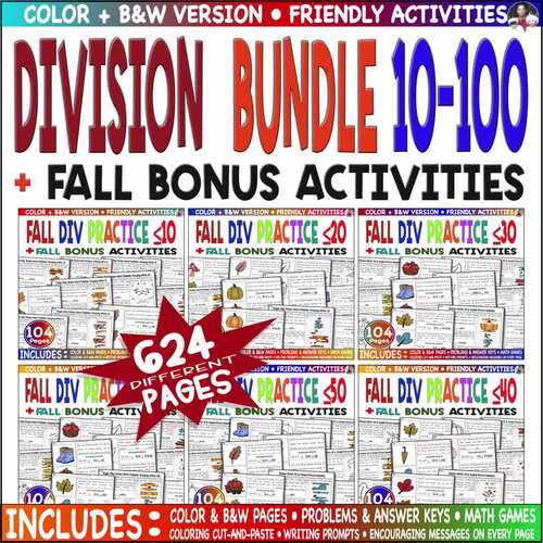 Division Practice Bundle | Within 10–100 | Mystery Picture Color Cut ...