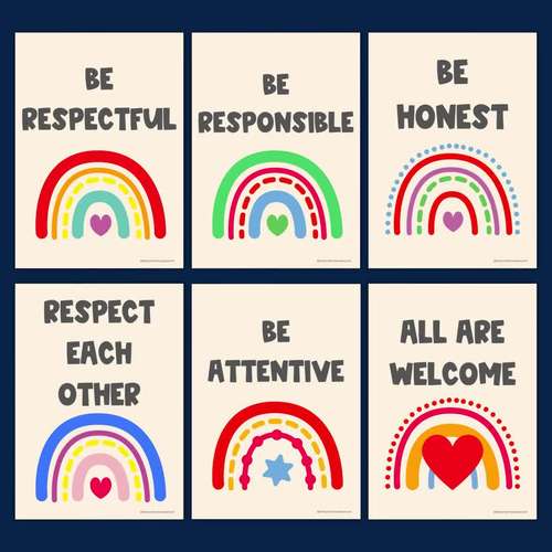 BRIGHT RAINBOW Classroom Rules Reminders Affirmations Positive Posters ...
