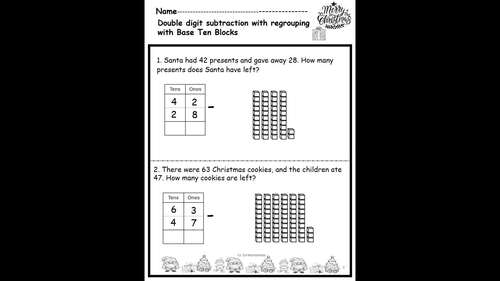 Christmas Math | Double digit subtraction with regrouping with Base Ten ...