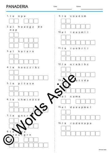 Spanish Word Games Copy Crossword Word Search Anagram BAKERY by Words Aside