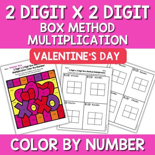 Valentines Day 2 Digit by 2 Digit Multiplication Area Model Color by ...