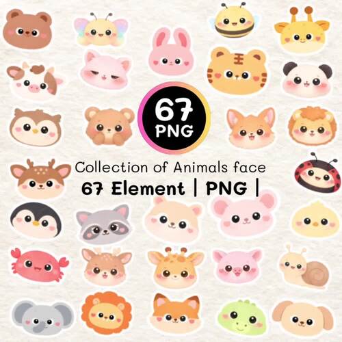 Cute Animal Face Clipart Bundle | Animal Head PNG | 67 Elements by ...