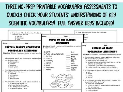 Science Vocabulary Assessments | Earth Sun Planets | quiz test review