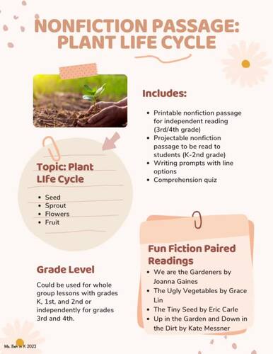 Plant Life Cycle (Nonfiction Passage, Writing Prompts, & Comprehension ...