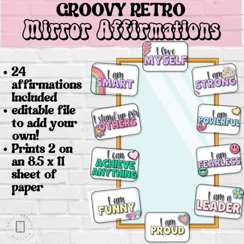 Mirror Affirmations Editable and Printable- Retro Groovy Classroom Decor