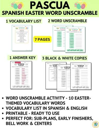 Spanish Easter Vocabulary Word Unscramble Activity Printable No Prep ...