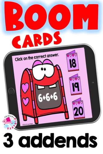 VALENTINE'S DAY MATH BOOM CARDS - ADDING 3 NUMBERS by Primary Piglets