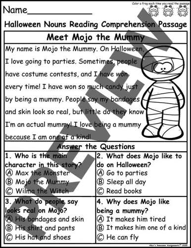 10 Halloween Noun Reading Comprehension Passages 1st Grade 2nd Grade ...