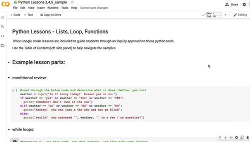 Python Lessons - Self-Guided, Inquiry Approach - Loops, Lists, Functions