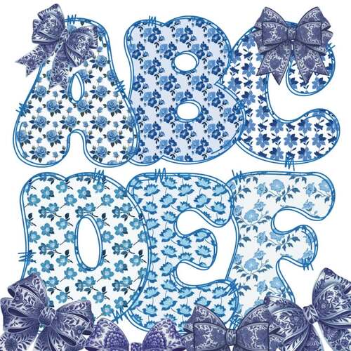 Groovy Blue Flower Chinoiserie Alphabet letter, number, bulletin board ...
