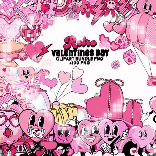 Valentine Day Clipart Bundle, Groovy Valentine Clipart, Retro Clipart