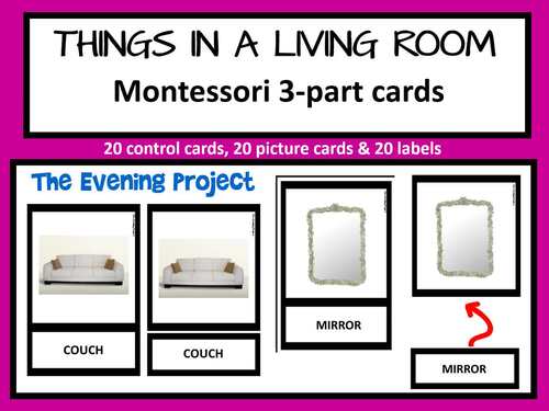 THINGS IN A LIVING ROOM Montessori 3-part cards with real photographs