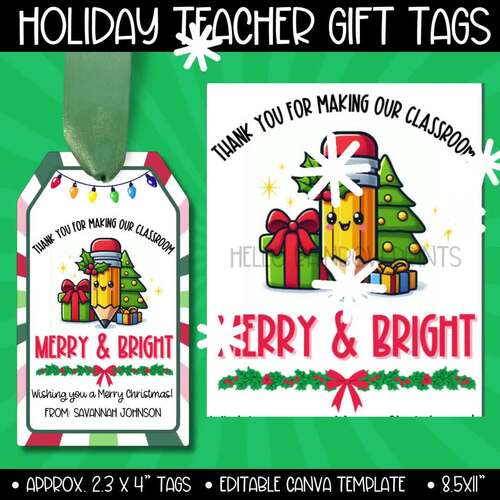 Teacher Christmas Gift Present Tag Card Template, Holiday Appreciation ...