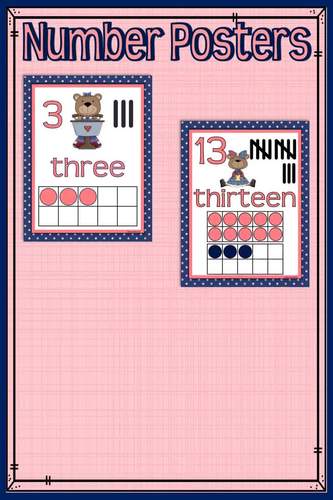 NUMBERS POSTERS 0-20 Coral Navy Classroom Decor Cardinal Ordinal Numbers
