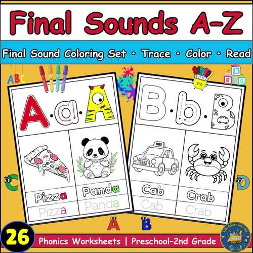 A–Z Ending sounds worksheets | Coloring Sheets Phonics Practice Pages ...