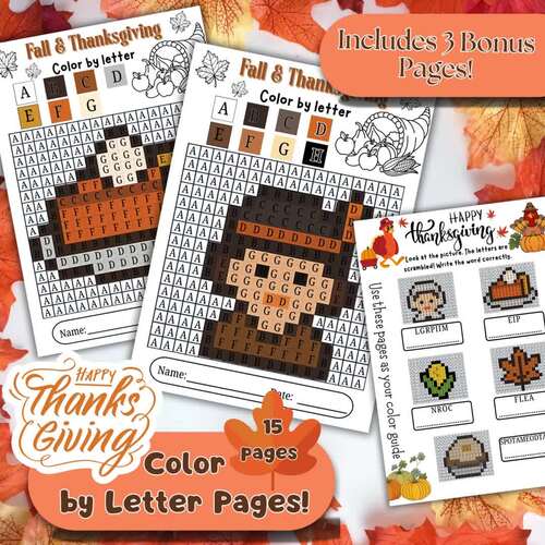 Fall Pixel Art Literacy Activities | Thanksgiving Color by Letters+Word ...