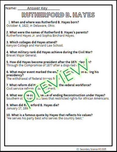 Rutherford B. Hayes US President Study Guide & Worksheet Coloring and ...