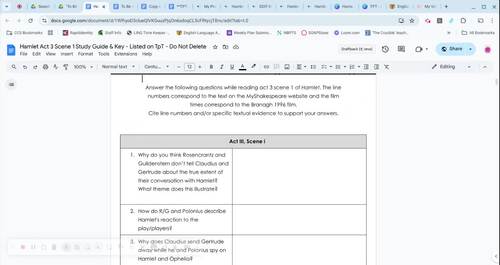 Hamlet Act 3 Scene 1 Reading Guide & "To Be" Soliloquy Text Analysis ...