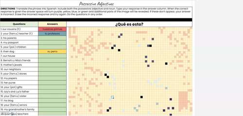 Spanish Possessive Adjectives Digital Pixel Art Activity For Google Sheets